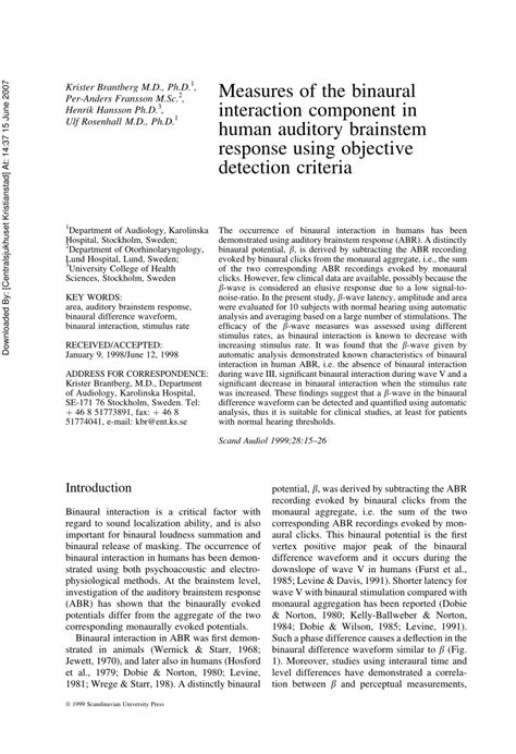 Pdf Measures Of The Binaural Interaction Component In Human Auditory