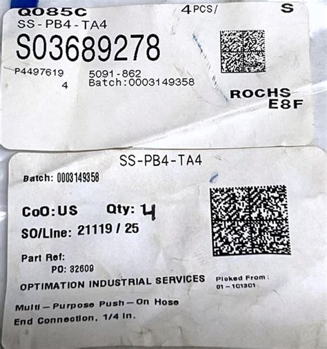 Swagelok Ss Pb4 Ta4 Stainless Steel Push On Hose End Connector 1 4