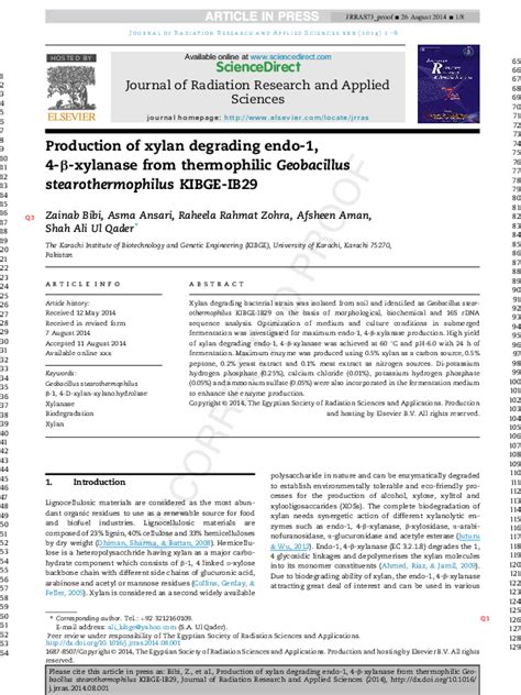 Pdf Production Of Xylan Degrading Endo 1 4 β Xylanase From Thermophilic Geobacillus