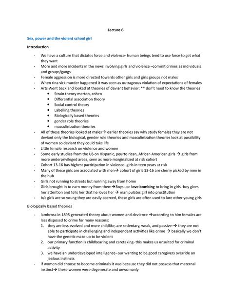 Soc Sci 2P03 Lecture 6 Topics Include Sex Power And The Violent Babe Girl Gender Role