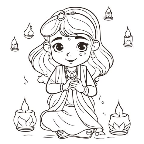 촛불 앞에 서 있는 소녀의 그림과 인도 스타일의 램프 개요 스케치 벡터 디왈리 이미지 드로잉 디왈리 이미지 개요 디왈리