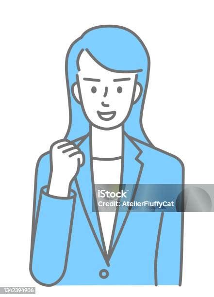 그녀의 동기 부여 를 보여주기 위해 주먹을 만드는 양복을 입은 젊은 여성의 상체 가공의 인물에 대한 스톡 벡터 아트 및 기타