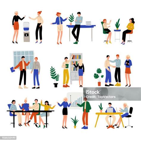사무실 에서 일하는 비즈니스 사람들 함께 일하는 동료 동료 간의 의사 소통 친근한 환경 기업 문화 벡터 일러스트 비즈니스에 대한 스톡 벡터 아트 및 기타 이미지 Istock