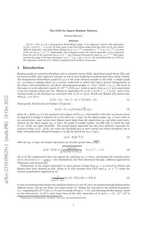 Pdf Two Clts For Sparse Random Matrices
