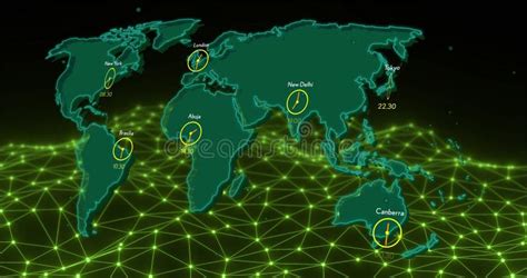 world map with time zones and clocks animation over green network grid