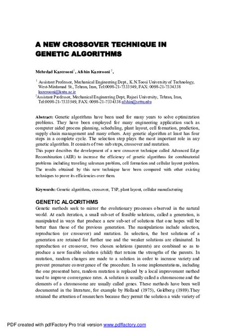 Pdf A New Crossover Technique In Genetic Algorithms
