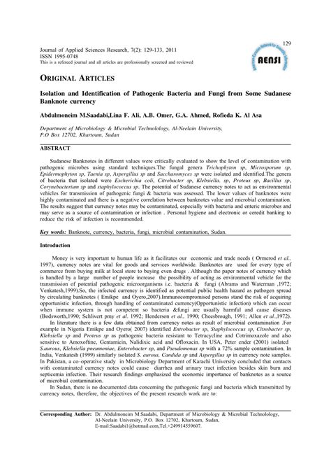 Pdf Isolation And Identification Of Pathogenic Bacteria And Fungi From Some Sudanese Banknote