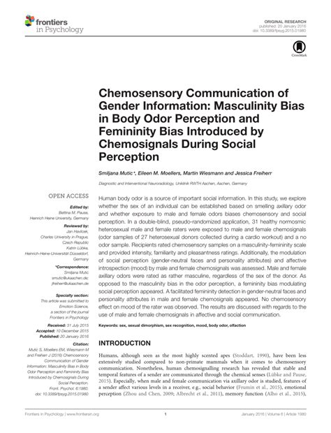 Pdf Chemosensory Communication Of Gender Information Masculinity Bias In Body Odor Perception