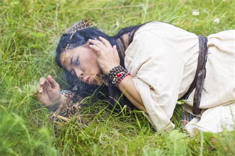 Indian Woman Makes A Fire On Grass Stock Image Image Of Adult