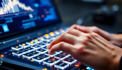 Hands Typing On An Illuminated Computer Keyboard In Close Up Stock
