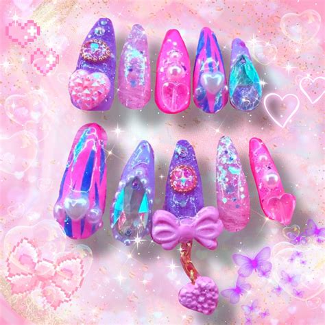 Iridescent Glitter Pinkpurple Kawaii Gyaru Nails With Nail Dangle