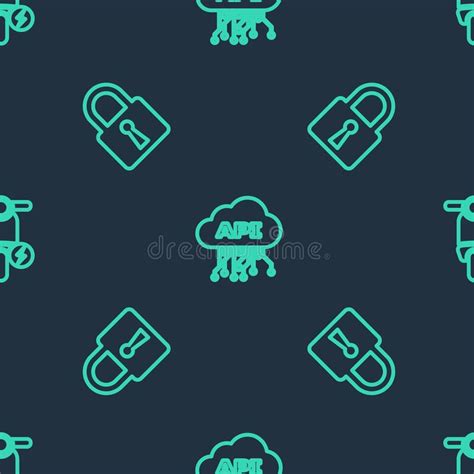 Set Line Cloud Api Interface Lock And Electric Scooter On Seamless Pattern Vector Stock