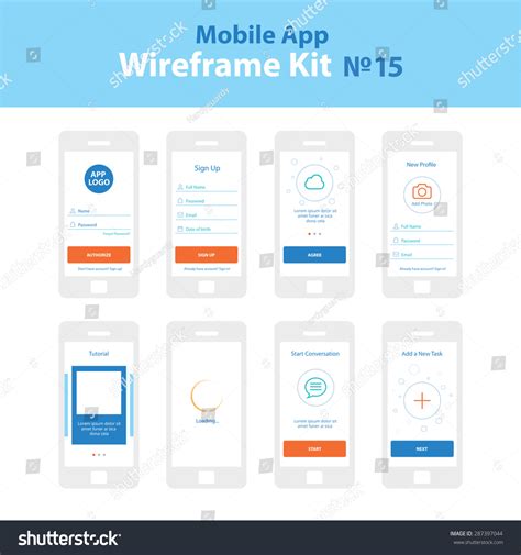 Mobile App Wireframe Ui Kit 15 เวกเตอร์สต็อก ปลอดค่าลิขสิทธิ์