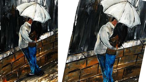 Как нарисовать влюбленных под дождем Рисуем влюбленную парочку под зонтом Интерьерная картина