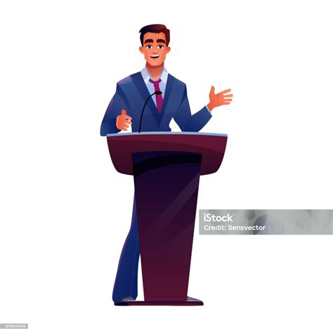연단 뒤에 스피커는 마이크 벡터 만화 격리로 말한다 마이크와 트리뷴에서 연설을 하는 대통령 또는 정치인 컨퍼런스 의식 프리젠 테이션 또는 토론에서 지도자 발표자 연설가에