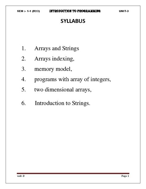 Ip R23 Unit Iii Arrays Syllabus 1 Arrays And Strings 2 Arrays