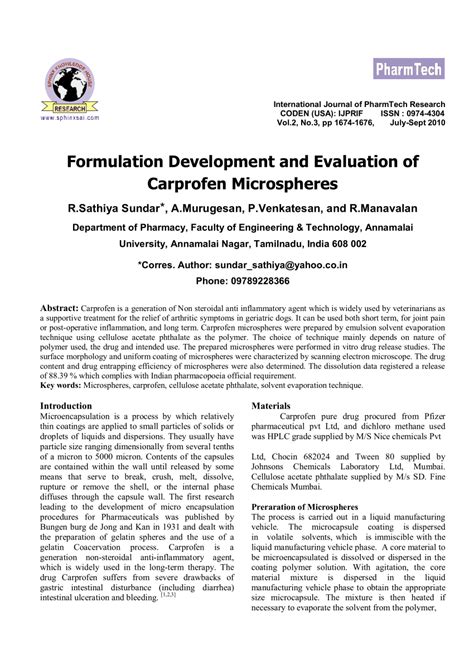 Pdf Formulation Development And Evaluation Of Carprofen Microspheres