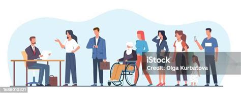 공무원이나 비서에게 줄을 서서 서류를 건네는 남녀들 파일 사무원 또는 접수원 관리자 만화 플랫 스타일 격리 벡터 개념 개념에 대한 스톡 벡터 아트 및 기타 이미지 Istock