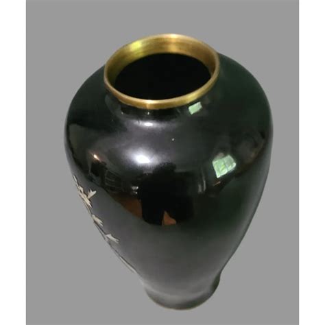 Vintage Brass Black Enamel Asian Mother Of Pearl Phoenix Bird Vase