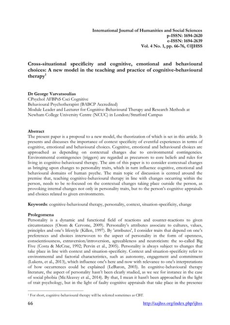 Pdf Cross Situational Specificity And Cognitive Emotional And Behavioural Choices A New