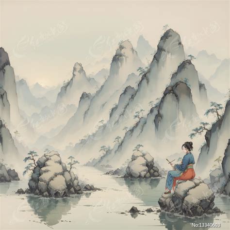 山水与古代女子主题的水墨画ai图片下载红动中国