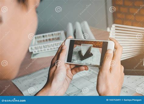 Architect Using Smart Phone Photograph Model Building In Office Stock Image Image Of