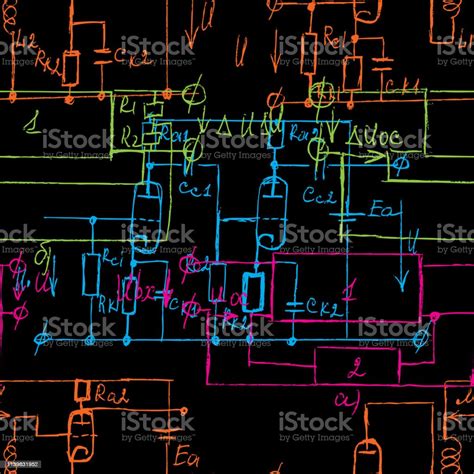 필기 수학 및 물리적 수식 전자 부품 회로도 및 장치의 회로와 과학적인 완벽 한 색상 배경 색상의 전기 패턴입니다 벡터