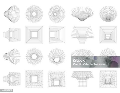 와이어프레임 기하학적 모양의 집합입니다 네트워크 회선 개념입니다 다각형 모양 깔때기 터널 왜곡되고 변형된 모양 그리드 3d 메쉬 그래픽 디자인 요소 벡터 그림입니다 0명에