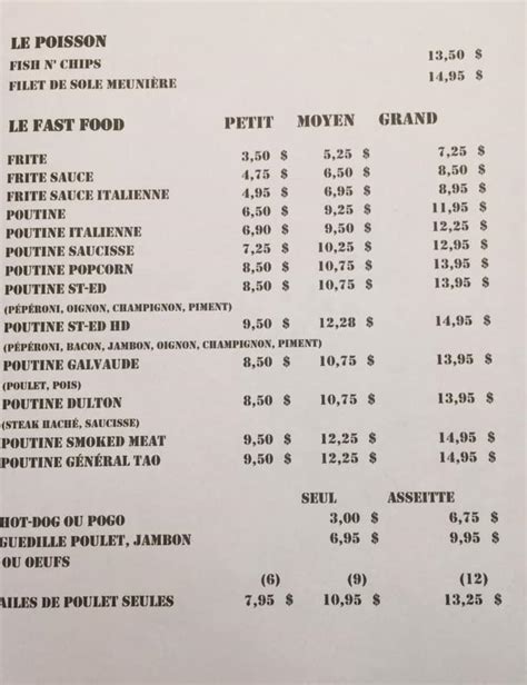 Menu Au Restaurant Le Bois Clair Canada