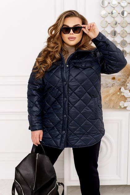 Куртка женская стеганая на кнопках без капюшона большого размера 62 64 Темно синий Брендовая