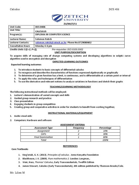 Calclus Maths Course Outline Pdf Derivative Calculus