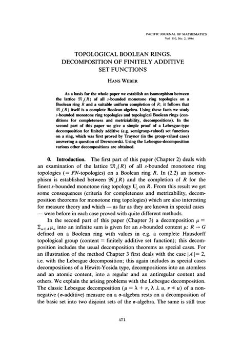 Pdf Topological Boolean Rings Decomposition Of Finitely Additive Set