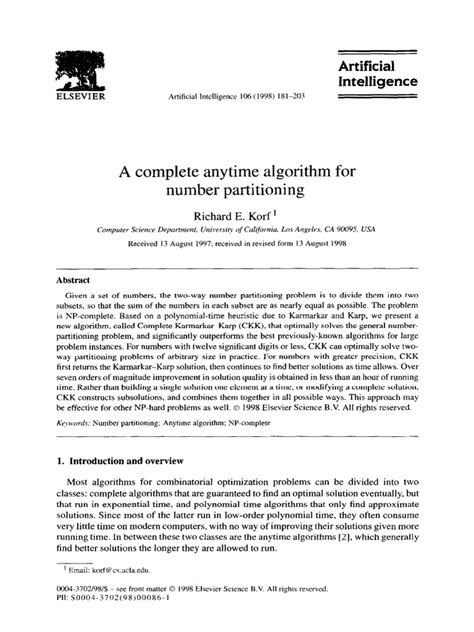 A Complete Anytime Algorithm For Number Partitioning Pdf Time Complexity Mathematics