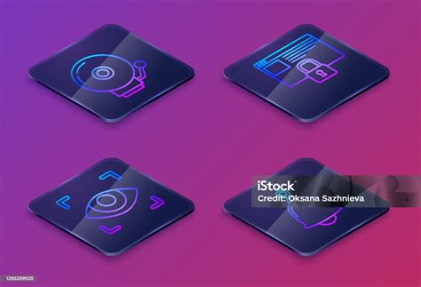 설정 등측정 라인 울리는 알람 벨 눈 스캔 Ssl 및 벨링 벨로 사이트를 확보 파란색 정사각형 버튼 벡터 3차원 형태에 대한 스톡 벡터 아트 및 기타 이미지