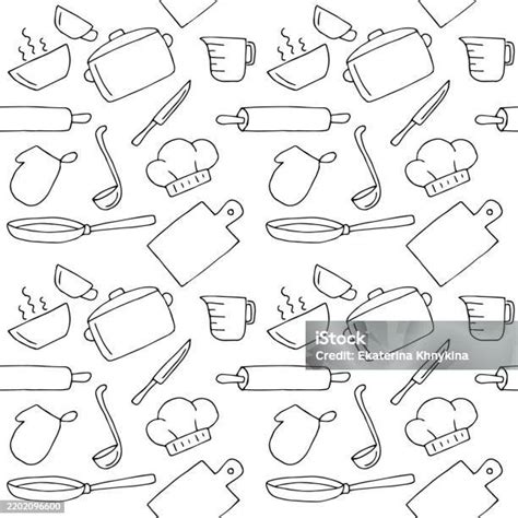 완벽 한 패턴 요리 손으로 그린 낙서 벡터 일러스트 레이 션 국자에 대한 스톡 벡터 아트 및 기타 이미지 국자 낙서 드로잉 도마 요리 도구 Istock