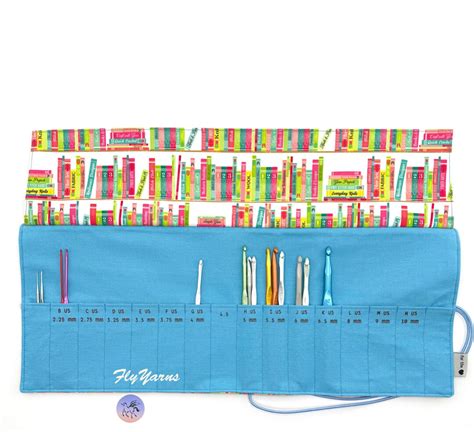 Della Q Crochet Hook Case Library Print Linen Sky Fuchsia Lime