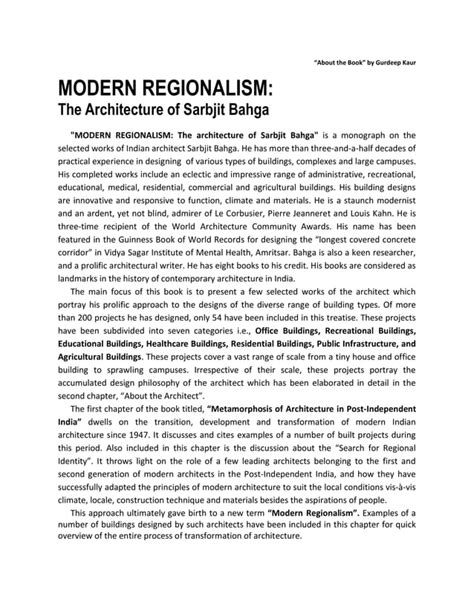Modern Regionalism The Architecture Of Sarbjit Bahga Pdf