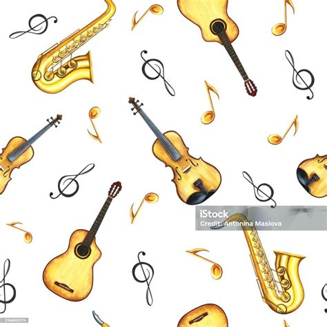 기타 바이올린 색소폰 악보가 있는 음악적 이음새 없는 패턴 수채화 일러스트는 손으로 만듭니다 섬유 포장지 인쇄 등 0명에 대한 스톡 벡터 아트 및 기타 이미지 Istock