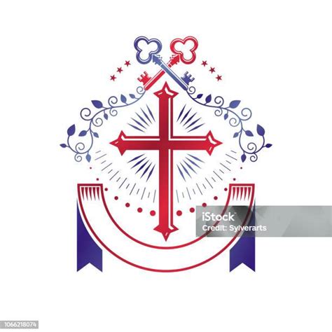 기독교 십자가 장식 상징 보안 키로 구성 전 령 벡터 디자인 요소입니다 레트로 스타일 종교 빈티지 기호입니다 믿음은 구원의 열쇠 이다 0명에 대한 스톡 벡터 아트 및 기타