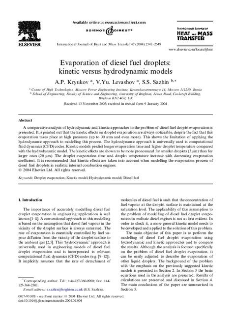 Pdf Evaporation Of Diesel Fuel Droplets Kinetic Versus Hydrodynamic Models