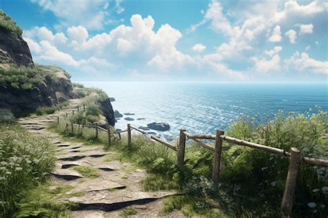 Coastal Cliff Pathway Winding Along The Sea Generative Ai Premium Ai Generated Image