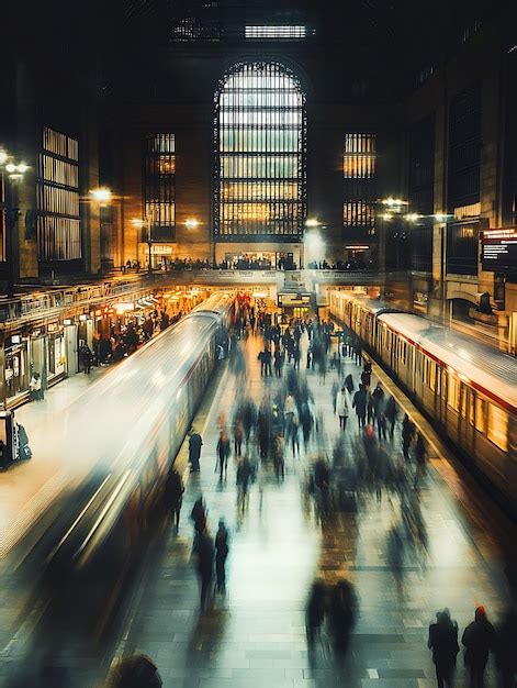 Dynamic Commuters Navigate A Busy Train Station Scene Premium Ai Generated Image