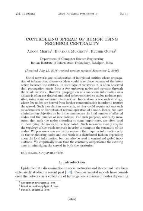 Pdf Controlling Spread Of Rumor Using Neighbor Centrality