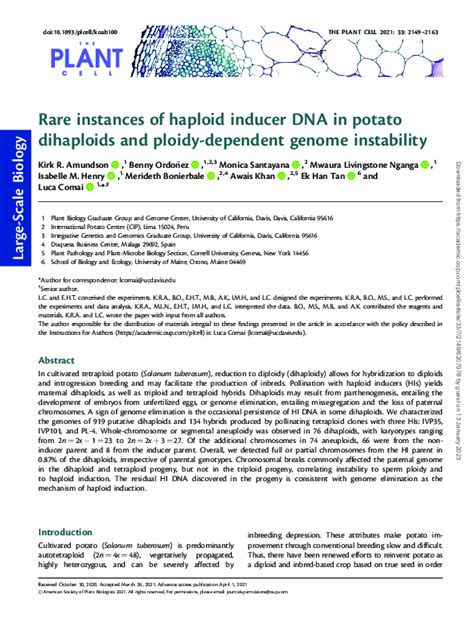 Pdf Rare Instances Of Haploid Inducer Dna In Potato Dihaploids And Ploidy Dependent Genome