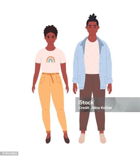 캐주얼 복장을 한 아프리카 계 미국인 여성과 남성의 현대 젊은 커플 세련된 세련된 모습 손으로 그린 벡터 일러스트 레이 션 젊은 커플에 대한 스톡 벡터 아트 및 기타 이미지