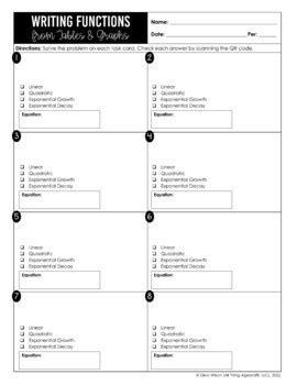 Writing Functions Linear Quadratic Exponential Task Cards TPT