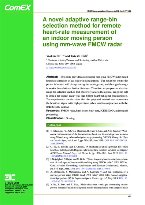 Pdf A Novel Adaptive Range Bin Selection Method For Remote Heart Rate Measurement Of An Indoor