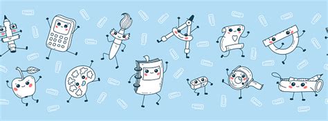 귀여운 학교 용품 어린이 디자인을위한 경계 패턴을 반복합니다 학교로 돌아가기 원활한 배너 춤추는 행복한 교육 캐릭터 카와이