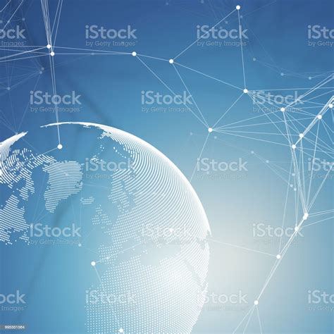 연결 라인 및 점 다각형 선형 텍스처와 파란색 배경에 세계 세계 글로벌 네트워크 연결 추상적인 미래 지향적인 기하학적 디자인