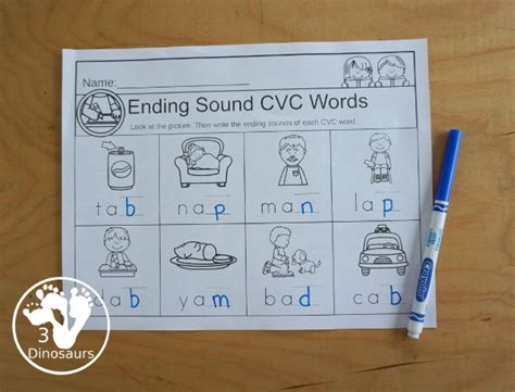 Free Polar Bear Ending CVC Word Sounds Sorting Printable 3 Dinosaurs